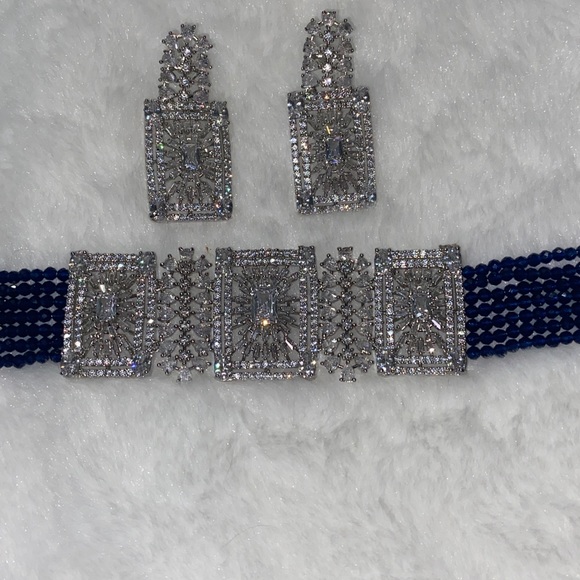 Jewelry | Navy Blue Silver Choker Set | Poshmark